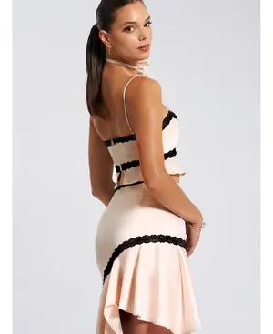 MISS CIRCLE NEW YORK Lace Trim Satin Midi Skirt