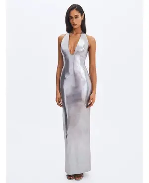 MISS CIRCLE NEW YORK Valeska Foil Plunging Sheath Maxi Dress
