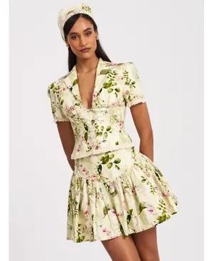 MISS CIRCLE NEW YORK Floral Print Linen Top With Lace Trim