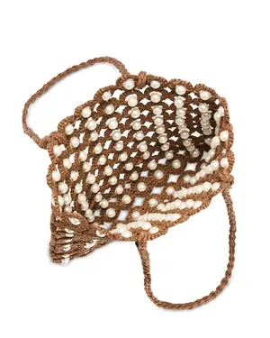 Aqua Imitation Pearl And Crochet Tote - Brown