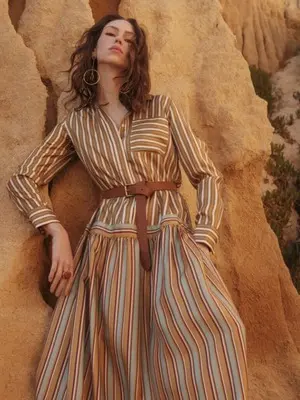 PAULA Rosalia Sun Stripes Printed A-line Silk Twill Dress - Yellow