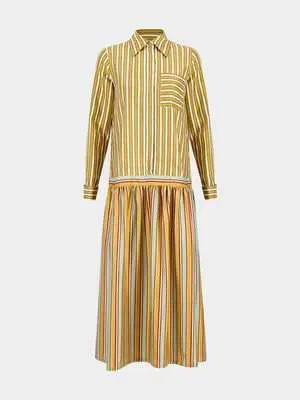 PAULA Rosalia Sun Stripes Printed A-line Silk Twill Dress - Yellow