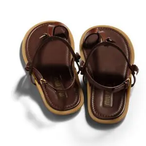 Miu Miu Leather Thong Sandals With Logo Detail - Coffee