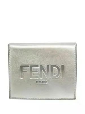 Fendi 2010-2025 Metallic Leather Logo Bifold Compact Wallet Small Wallets Silver