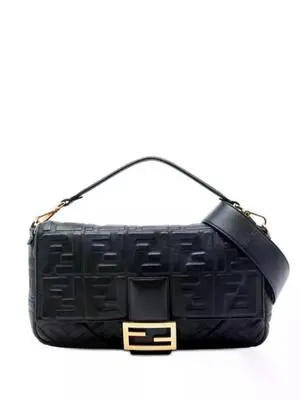 Fendi Large Zucca Embossed Leather Baguette Satchel - Black