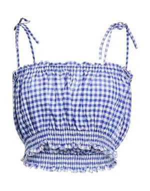 120% Lino Gingham Linen Shirred Crop Top - Blue