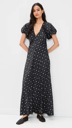 LEE MATHEWS Roxie Silk Maxi Dress With Puff Sleeves