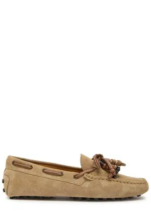 TOD'S Gommino Suede Loafers With Bow Detailing - Camel