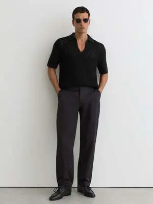 REISS Bronwyn Crochet Open-collar Polo Shirt - Black
