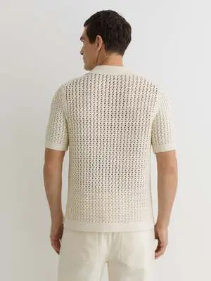 REISS Bronwyn Crochet Open-collar Polo Shirt - White