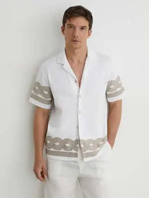 REISS Arden Cotton-blend Embroidered Cuban-collar Shirt - White