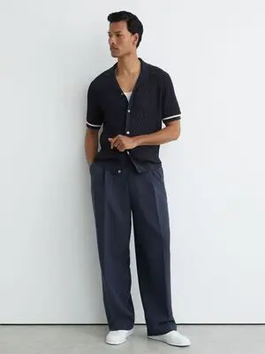 REISS Bilsby Cotton-blend Geometric-knit Tipped Shirt - Navy