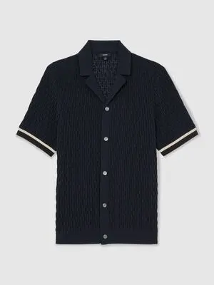 REISS Bilsby Cotton-blend Geometric-knit Tipped Shirt - Navy