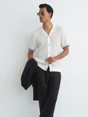REISS Bilsby Cotton-blend Geometric-knit Short-sleeve Shirt - White