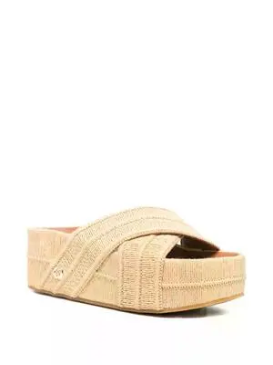 Maje Platform Sandals With Crossover Straps And Gold Heart Logo - Neutrals