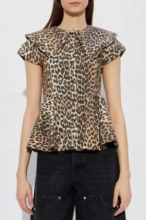 GANNI Animal Print Peplum Shirt - Beige