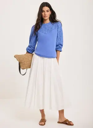 Mint Velvet Cotton Blend Broderie Sweatshirt - Blue