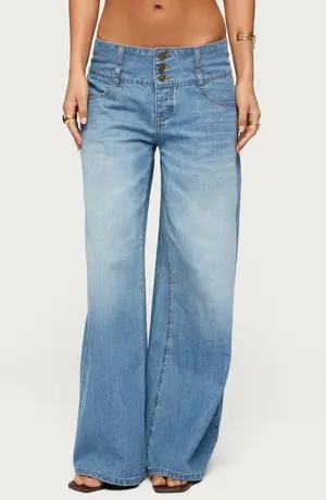 EDIKTED Wide Waist Low Rise Baggy Jeans - Light-blue