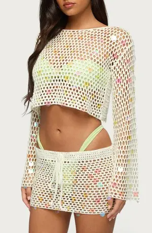 EDIKTED Kirah Open Stitch Paillette Cover-up Crop Top