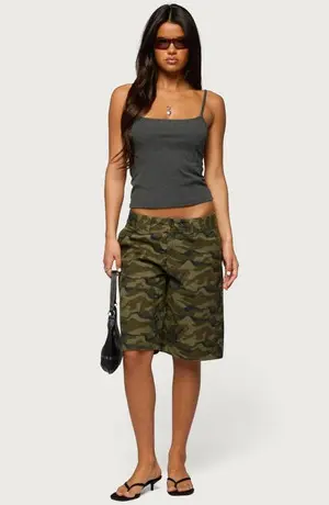 EDIKTED Camo Print Bermuda Denim Shorts