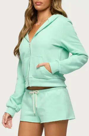 EDIKTED Lynette Zip Crop Hoodie - Aqua