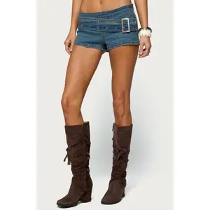 EDIKTED Asymmetric Belted Low Rise Denim Micro Shorts