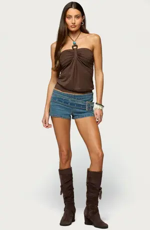 EDIKTED Asymmetric Belted Low Rise Denim Micro Shorts