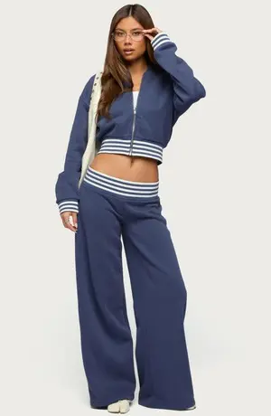 EDIKTED Eloura Stripe Waist Low Rise Sweatpants - Navy