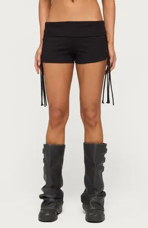 EDIKTED Foldover Low Rise Lace-up Shorts - Black