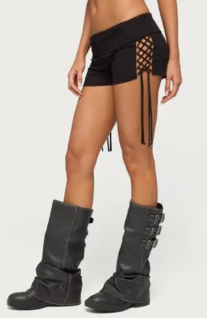 EDIKTED Foldover Low Rise Lace-up Shorts