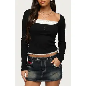 EDIKTED Joana Layered Henley Top - Black