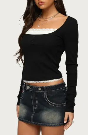 EDIKTED Joana Layered Henley Top - Black