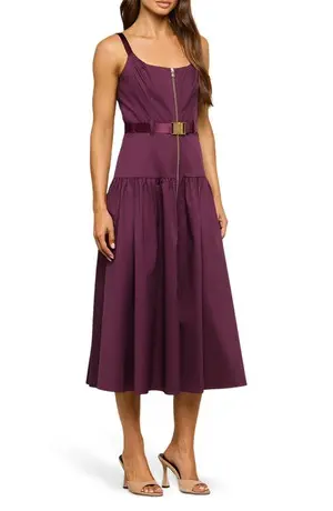 L'Agence Rima Belted Front Zip Midi Dress - Deep Sangria