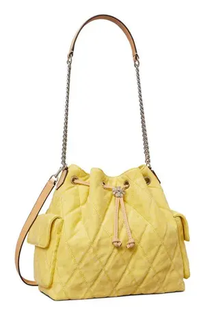 Tory Burch Charlie Quilted Denim Drawstring Shoulder Bag