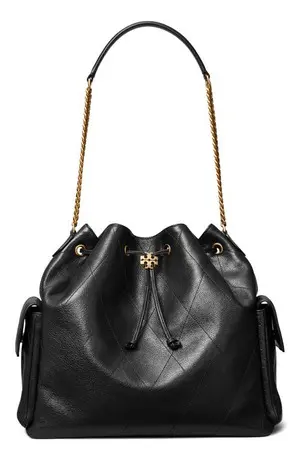Tory Burch Large Charlie Quilted Leather Drawstring Shoulder Bag - Black