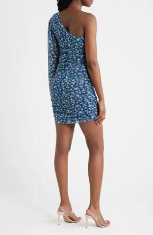 JUMP APPAREL Print Mesh Shirred One-shoulder Mini Dress