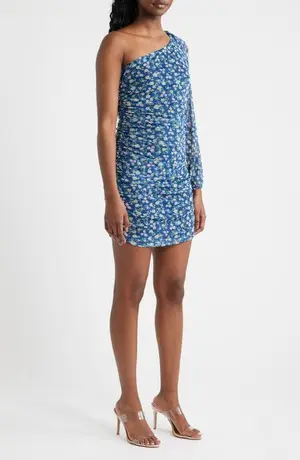 JUMP APPAREL Print Mesh Shirred One-shoulder Mini Dress