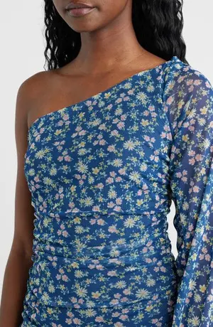 JUMP APPAREL Print Mesh Shirred One-shoulder Mini Dress