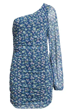 JUMP APPAREL Print Mesh Shirred One-shoulder Mini Dress
