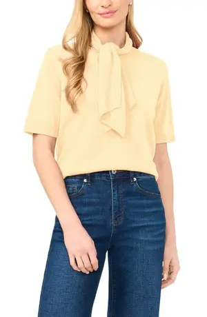 CECE DUPRAZ Tie Neck Short Sleeve Sweater - Soft Yellow