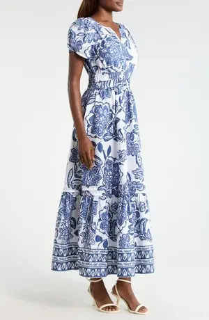 CECE DUPRAZ Floral Smocked Waist Maxi Dress - Classic Navy