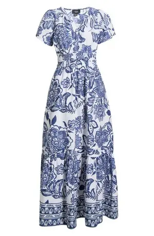 CECE DUPRAZ Floral Smocked Waist Maxi Dress - Classic Navy