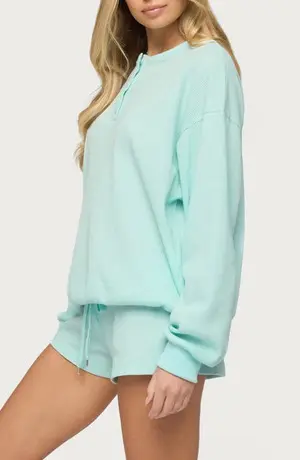 EDIKTED Waffle Knit Henley Top - Aqua