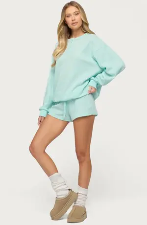 EDIKTED Waffle Knit Henley Top - Aqua