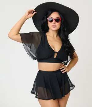 Unique Vintage Flutter Sleeve Swim Top - Solid Black
