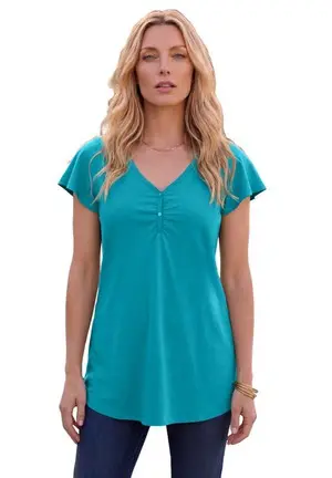 Roaman's Cotton Ultimate Flutter Sleeve Sweetheart Tee - Deep Turquoise