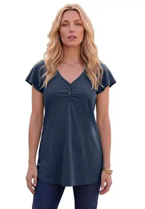 Roaman's Cotton Ultimate Flutter Sleeve Sweetheart Tee - Navy