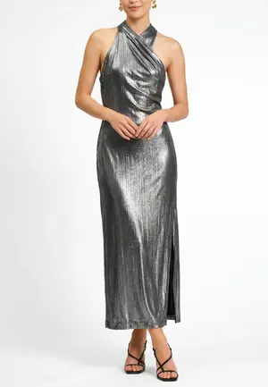 Rachel Rachel Roy Harland Crossover Halter Maxi Gown - Silver