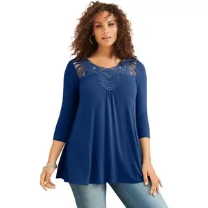 Roaman's Crochet Embellished Swing Tee - Evening Blue