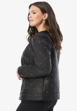 Roaman's Studded Faux Leather Quilted Bomber Jacket